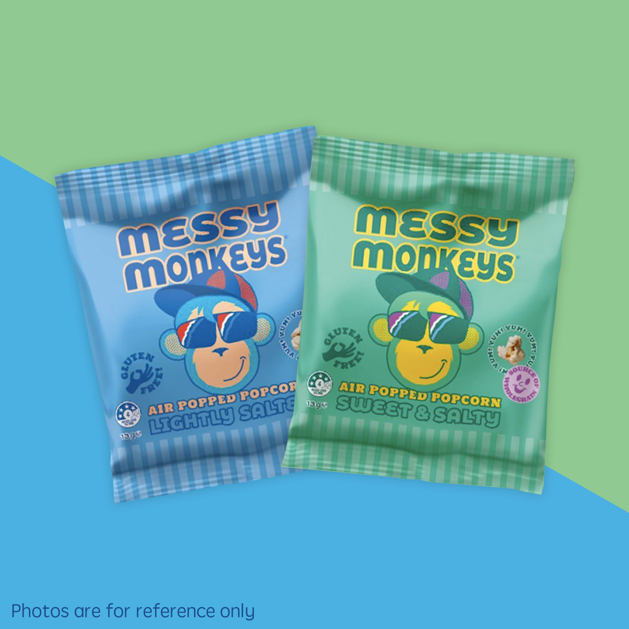 【食極唔肥】Messy Monkeys – 甜鹹味 & 淡鹽味爆谷各一組合 (13g x 2) – Earn Creative